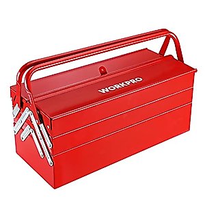 WORKPRO Metal Tool Box, 18-inch Cantilever Folding Red Storage Box, 3-Layer 5-Tray Multi-Function Tool Organizer, Red
