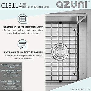 AZUNI 30 inch x 19 inch Single Bowl Undermount 16G Reversible Kitchen Ledge Workstation Sink with Grid, Luxury Basket Strainer, Drying Rack and Bamboo Cutting Board, C131L
