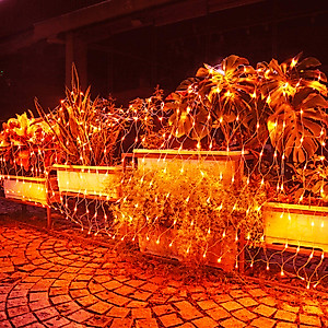 Joomer 12ft x 5ft 360LED Orange Halloween Net Lights Outdoor Mesh lights, 8 Modes Timer Connectable Waterproof Bush Lights Mesh Netting Lights for Halloween Outdoor Decorations (Clear Wire)