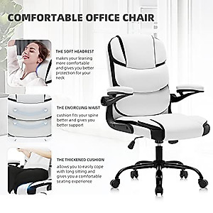 SEATZONE Home Office Desk Chairs with Wheels and Flip-up Armrests,Modern PU Leather Executive Office Chair Comfortable Ergonomic Computer Chairs for Adults and Teens,White