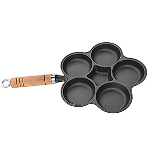 Cast Iron 5 Hole Egg Frying Pan, Heavy Duty Breakfast Pan, Fast Heating Induction Cooker, Solid Wood Handle, for Gas Stove