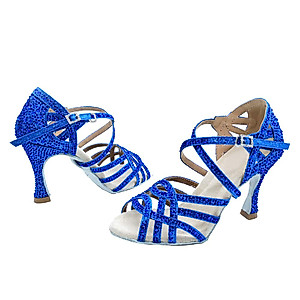 DKZSYIM Women's Satin Latin Dance Shoes Rhinestone Ballroom Salsa Performance Practice Dancing Shoes,L356-Blue-7.5,US 10