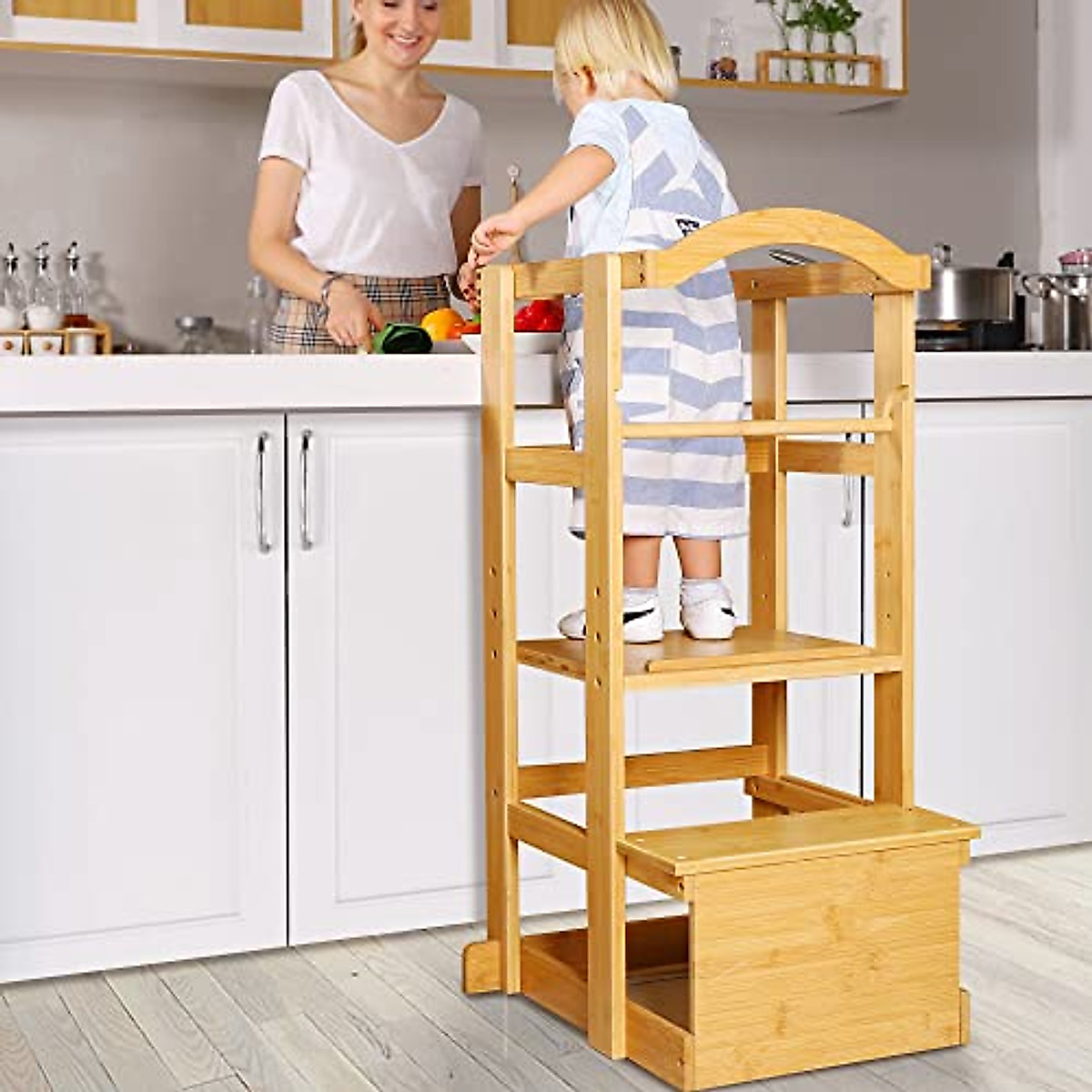 IPOW Learning Stool Toddler Tower, 3 Adjustable Height Kids Step Stool for 18-48 Months, Solid Toddler Kitchen Step Stool Helper with Safety Rail for Kitchen Counter Bathroom Sink