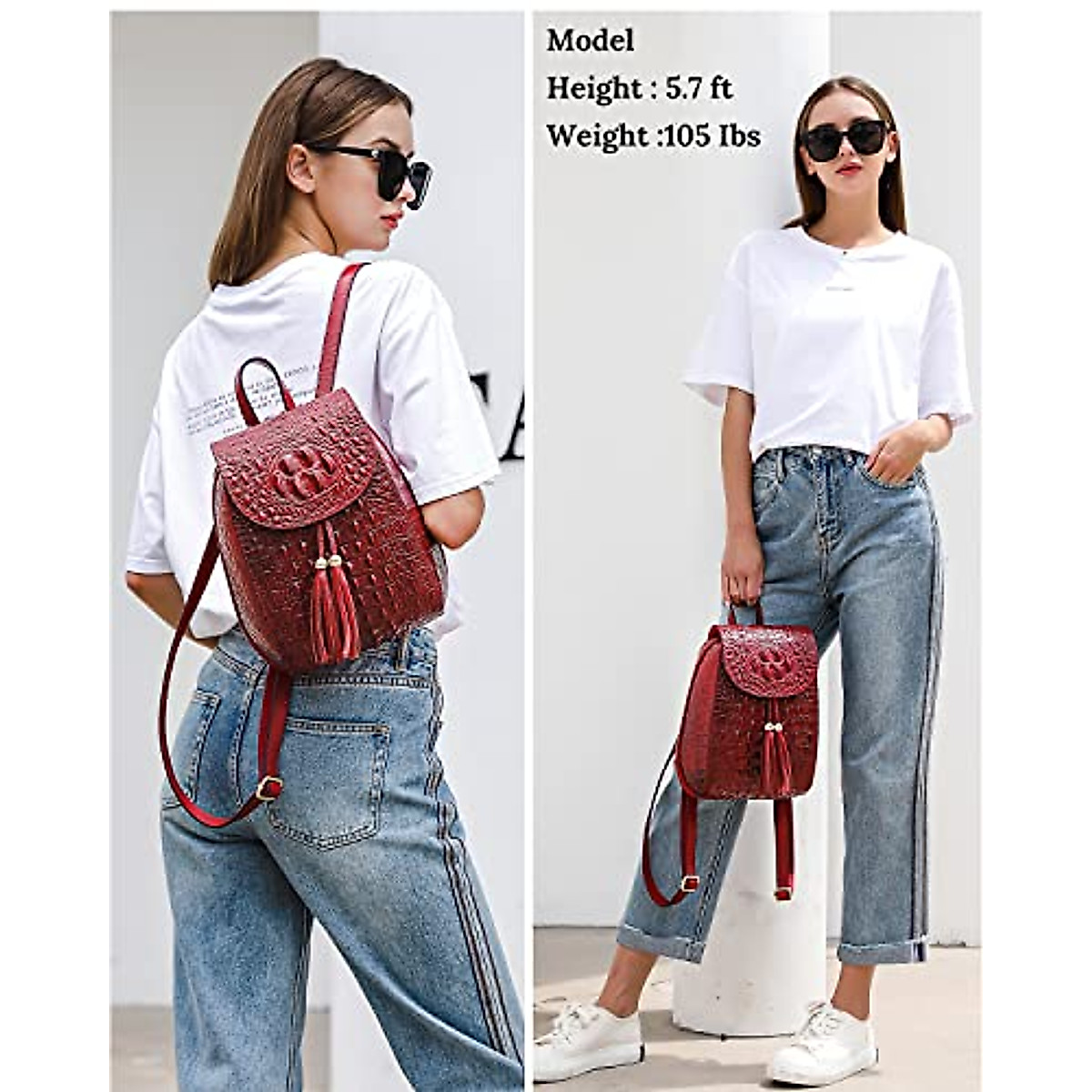 Women Small Genuine Leather Backpack Purse Crocodile Designer Bag (Wine Red)