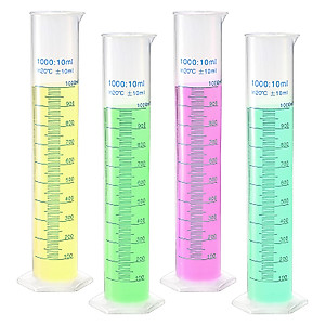 Bekith 4 Pack 1000ml Plastic Graduated Cylinder with Stable Base, Plastic Measuring Cylinder 2-Sided Marking Lab Cylinders, Clear Measuring Cylinder for Science Projects, Laboratory Supplies