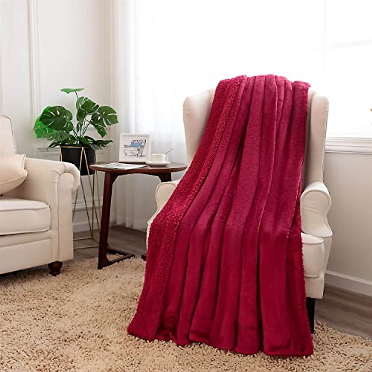 NANPIPER Sherpa Queen Size Blanket,Soft Fuzzy Fleece Blanket,Warm Plush Microfiber Blankets,Wine Red 90"x90"
