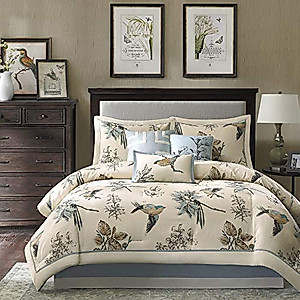 Madison Park Quincy Cozy Comforter Nature Scenery Design - All Season Bedding, Matching Bed Skirt, Decorative Pillows, Quincy, Leaf & Bird Khaki Queen(90"x90") 7 Piece