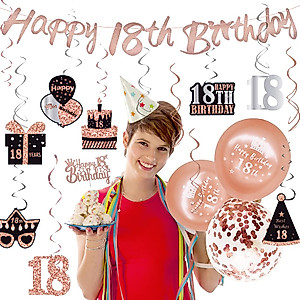 WOJOGO 18th Birthday Decorations For Girls, Rose Gold Happy 18th Year Old Birthday Decorations Includs Happy 18 Birthday Banner Hanging Swirls Cake Topper Balloons for Party Supplies