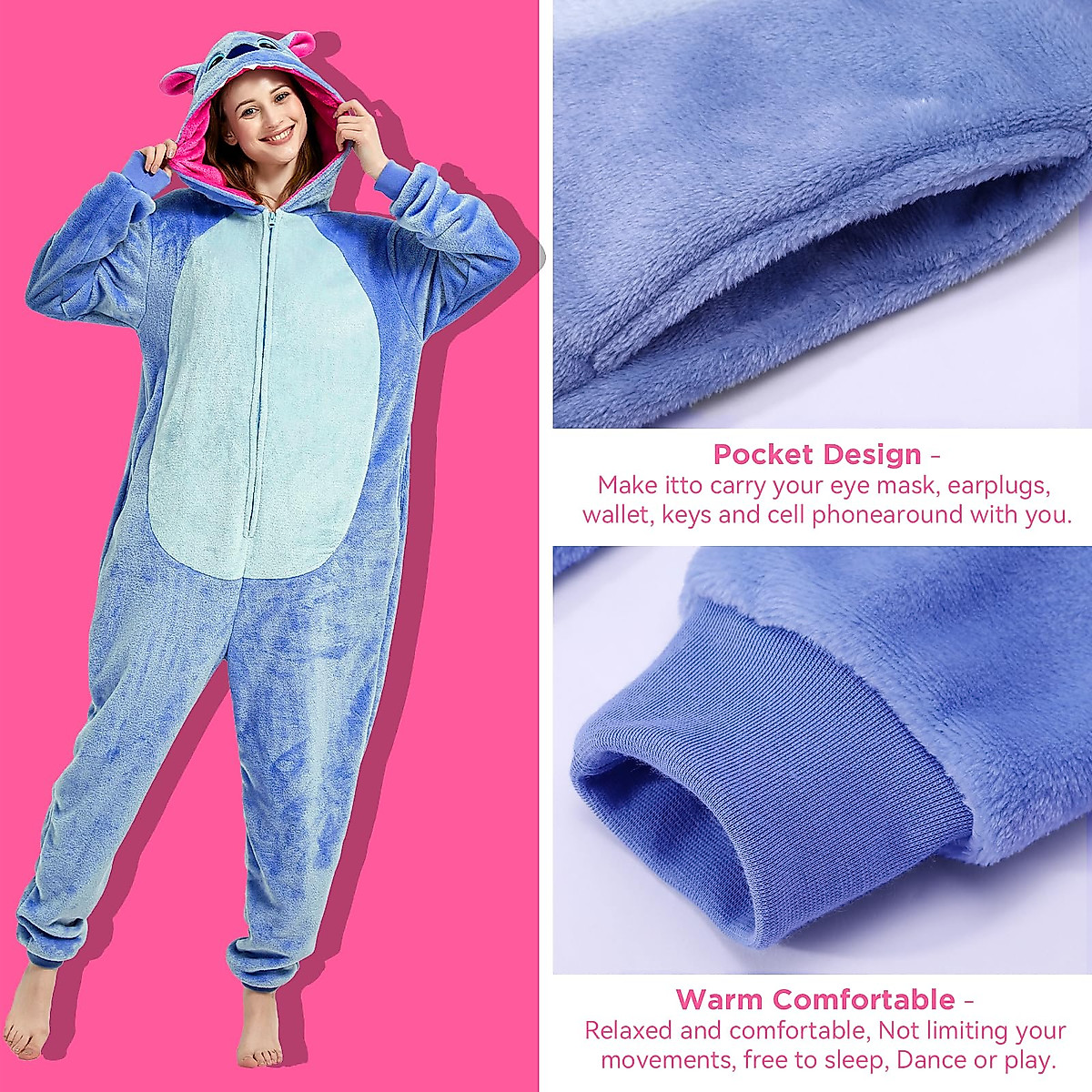 Yemnut Snug Fit Adult Unisex Onesie Cosplay Costume，One Piece Pajama Halloween Homewear Suit for Women and Men (X-Large, Blue Stitch)