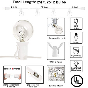 Abeja 25Ft Outdoor Patio String Lights with 25 Clear G40 Bulbs, 5W, E12 Socket Base, UL Certified for Porch Deck Balcony Wedding Party Markets Decor, White