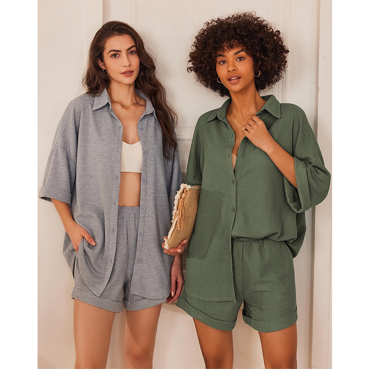 Ekouaer Waffle Knit Lounge Sets for Women Short Sleeve Pajamas Button Down Pjs Oversized Loungewear Shorts Set