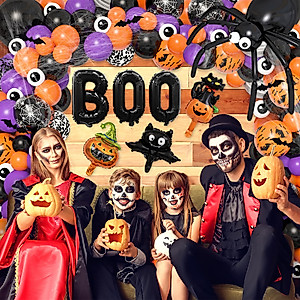 165Pcs Halloween Balloon Arch Garland Kit with Giant Spider Bat Balloon Black & White Orange Purple Confetti Halloween Foil Balloons 3D Bat Eyeballs for DIY Halloween Birthday Party Decorations