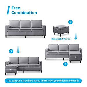 Mjkone 78“ Sectional Sofa Couch for Living Room | Convertible Linen Sofa Chaise with Reversible Storage Ottoman | Modern Modular Sofa with 2 Side Pockets | Small Sofa for Small Places (Light Grey)