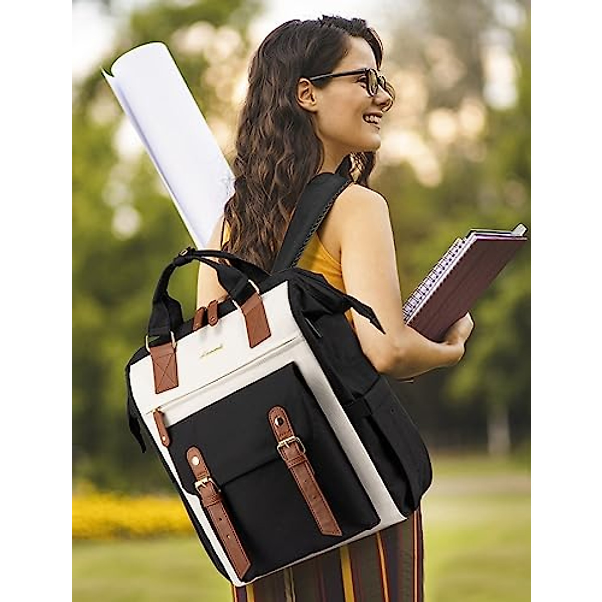 LOVEVOOK Laptop Backpack For Women Work Travel Backpack Purse, Nurse Bag College Backpack, Teacher Doctor Business Laptop Bag, Waterproof Wide Open Computer Back pack, 15.6 Inch, Black-Beige-Brown