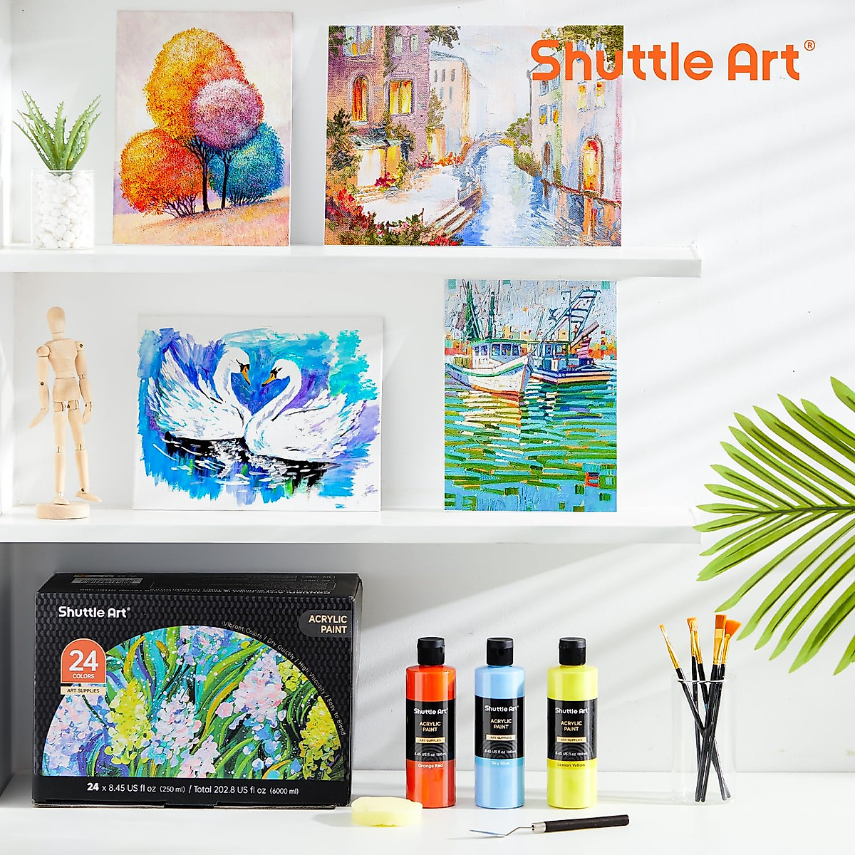 Acrylic Paint, Shuttle Art 24 Colors Acrylic Paint Bottle Set, 250ml/8.45oz Each, Rich Pigments, High Viscosity, Bulk Paint for Artists, Beginners and Kids Painting on Rocks Crafts Canvas Wood Ceramic