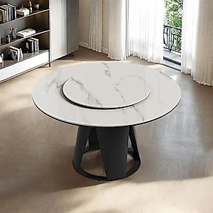 Runboll 59'' Modern Round Dining Table with Lazy Susan, Sintered Stone Dinner Table with 35.4" Round Turntable for Dining Room(Not Included Chairs)