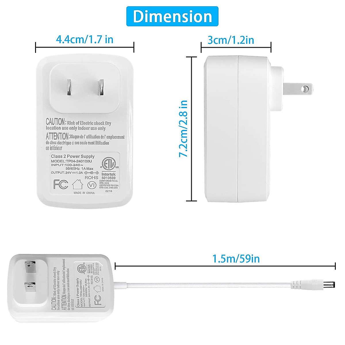 TKDY 24V 1A Power Supply Cord White, 110-240V AC to 24Vdc 24W Class 2 Adapter, DC24V Switching Charger for 24 Volt 1.0A 1000mA 0.75A 750mA 0.5A 500mA Diffuser Humidifier LED Light.