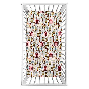 Lyzelre Circus Fitted Crib Sheet,Circus Bear Monkey Animals Merry Go Round Magic Classic Celebration Print Microfiber Silky Soft Toddler Mattress Sheet Fitted,28"x 52"x 8'',Baby Sheet for Boys Girls