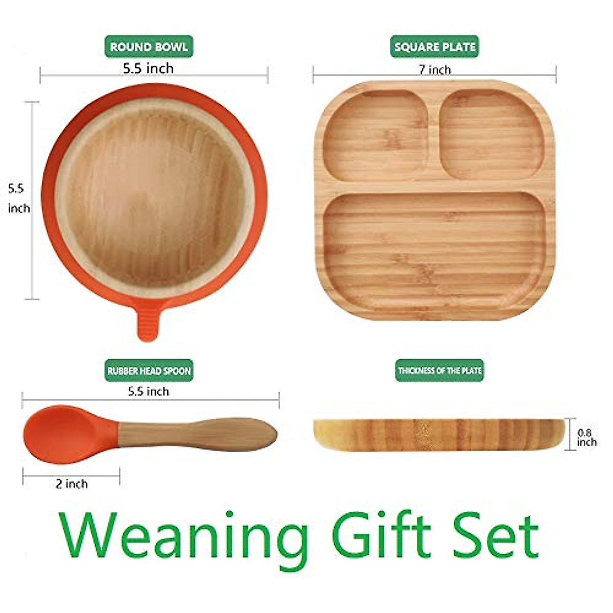 Baby Toddler Stay Put Dish, Kids Suction Plate & Bowl, Bamboo Cute Dinnerware (Grey Set)