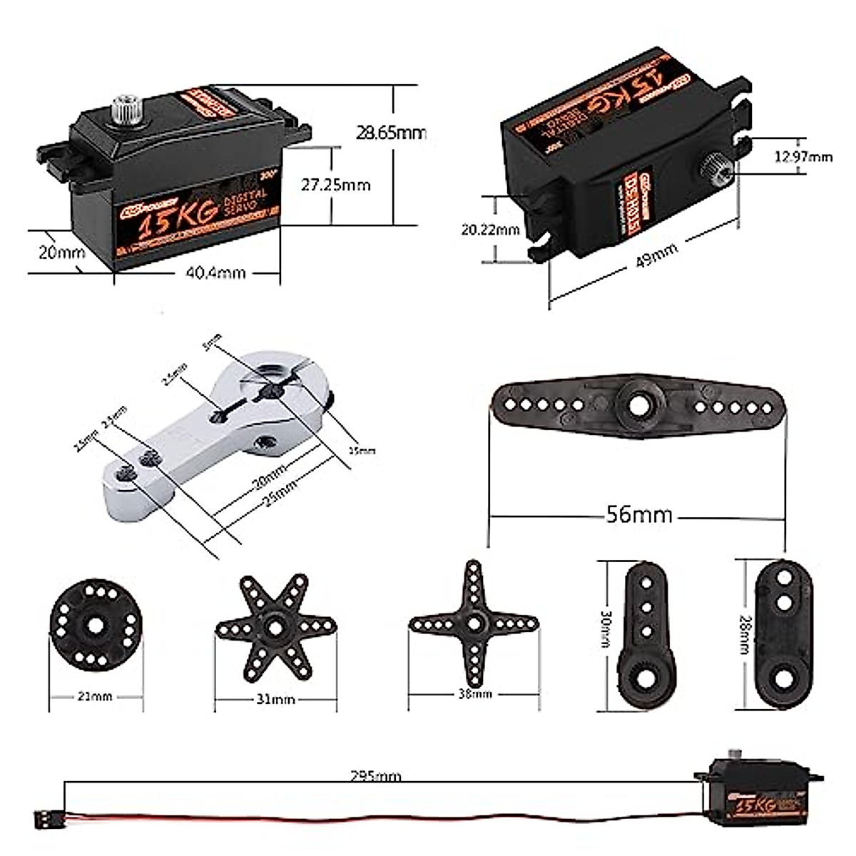 DSPOWER 15KG RC Waterproof Low Profile Servo, High Torque Metal Gear Short Body Digital Servos Motor with 25T Metal Arm for 1/8 1/10 1/12 RC Car Baja Boat Drones Aircraft Helicopter Robot (Black-300°)