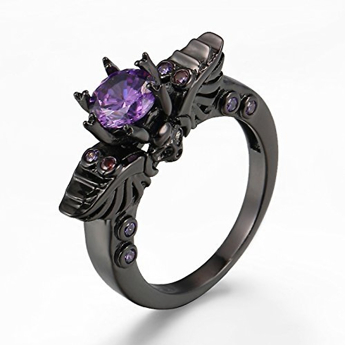 Vintage Black Gold Plated CZ Amethyst Gothic Skull Ring Purple Cubic Zirconia Retro Statement Cocktail Party Biker Rings (9)