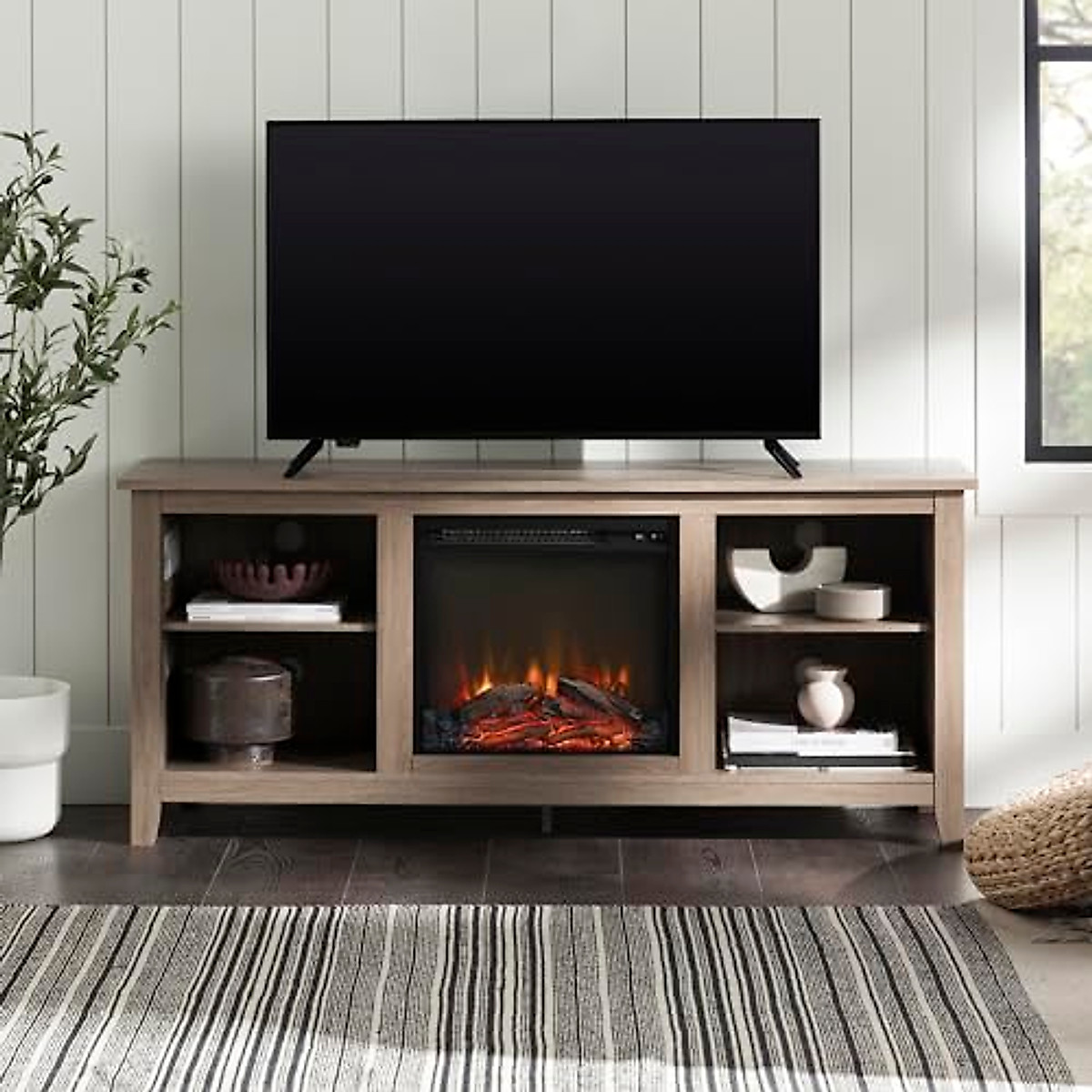 Walker Edison Wren Classic 4 Cubby Fireplace TV Stand for TVs up to 65 Inches, 58 Inch, Driftwood