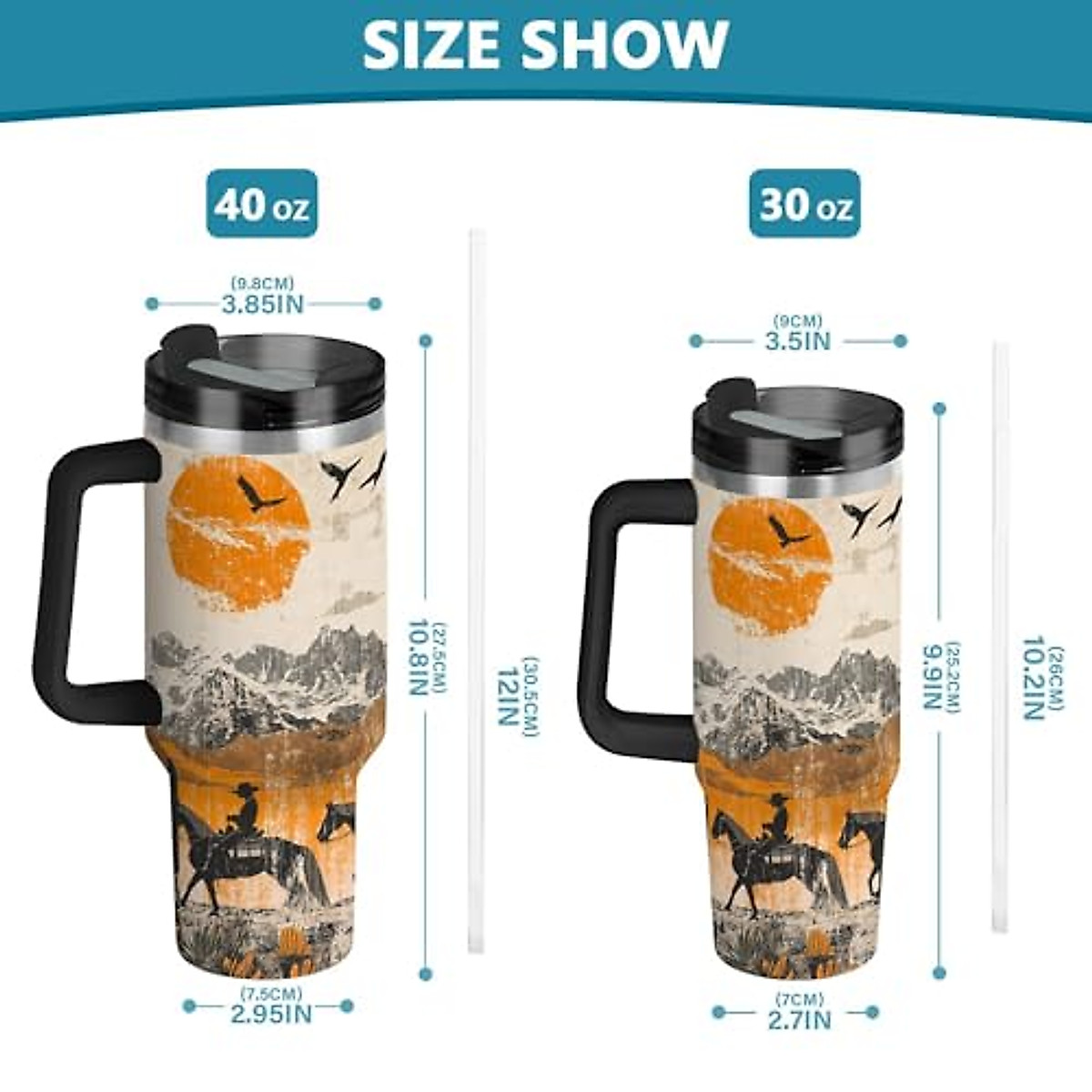 Flradish 40oz Tumbler with Handle, Vintage Western Cowboy Stainless Steel Tumbler with Lid and Straws Double Wall Vacuum Insulated Leakproof Coffee Travel Mug