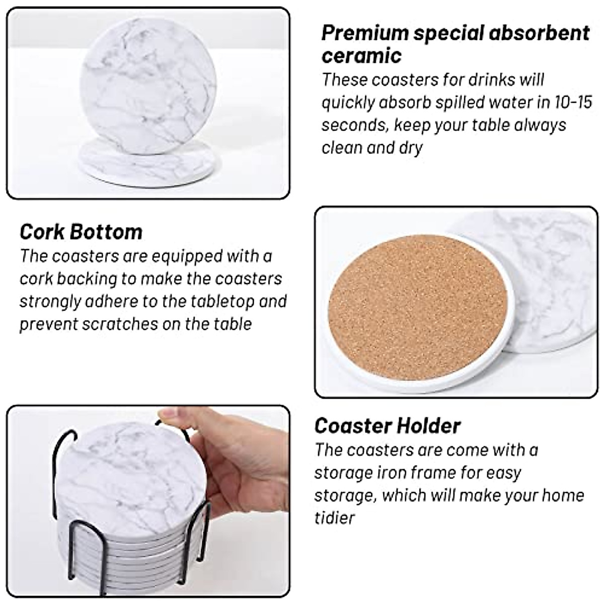 9 Pieces Ceramic Coasters for Drinks with Holder, Billbotk Absorbent Drink Coasters for Coffee Table, Marble Style Coasters Wooden Table, Suitable for Kinds of Cups, 4 Inches