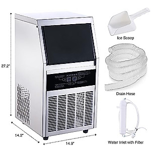 Zomagas Commercial Ice Maker Machine, 80-90LBS/24H Under Counter Ice Maker, Stainless Steel Freestanding Ice Machine with 28LBS Bin, Self-Cleaning, Scoop, Ideal for Home Bar Offices