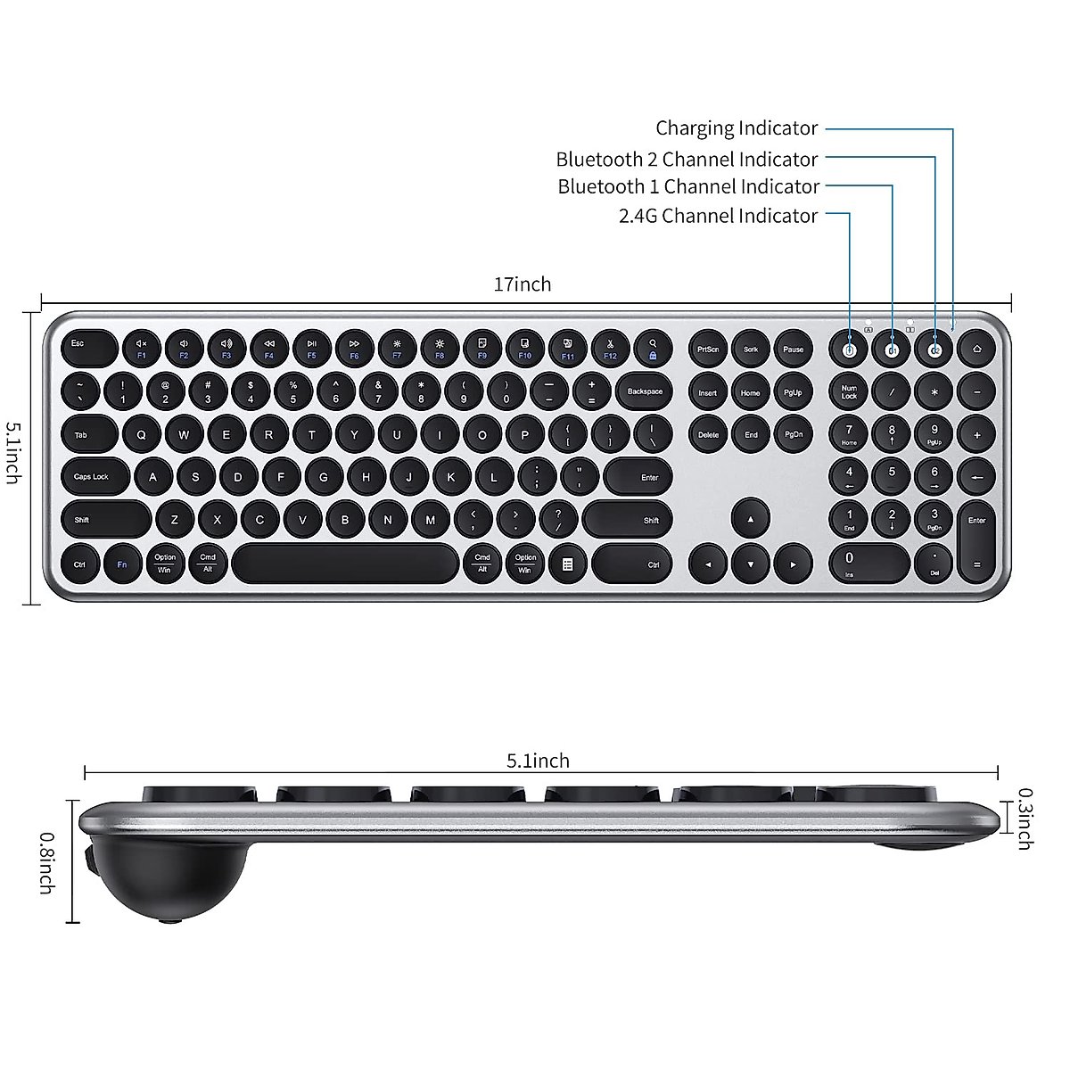 ZYTUA Multi-Device Bluetooth Keyboard, Dual Mode (Bluetooth & 2.4GHz) Full Size Rechargeable Wireless Keyboard with Round Keys, Support 3 Devices for Windows/iOS/Mac OS/Android