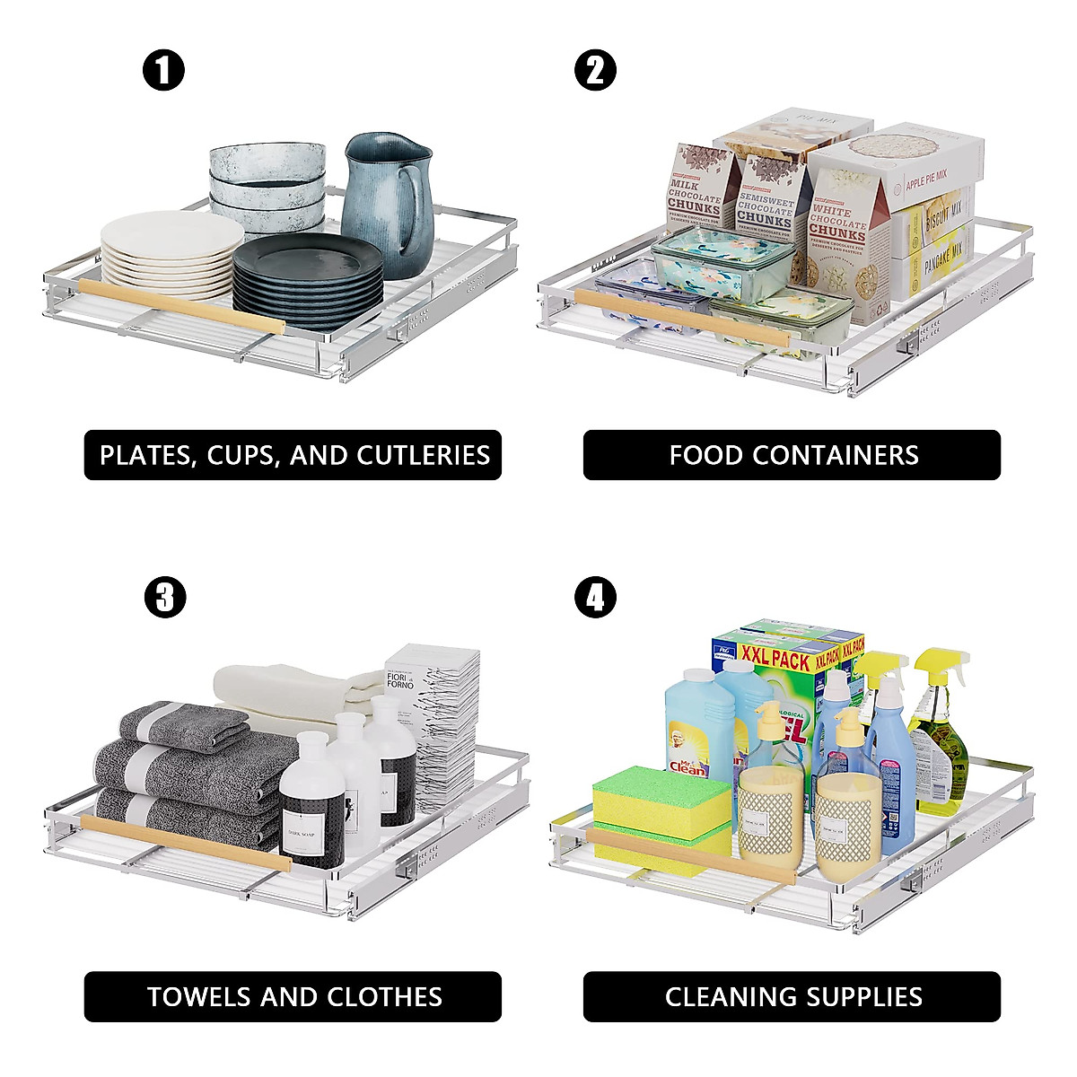 Pull Out Cabinet Organizer Expendable Slide Out Cabinet Drawer Heavy Duty Stainless Steel Pantry Storage Shelf Rack for Kitchen Base Cabinet Pantry Closet Under Sink Divider Organization,2Packs