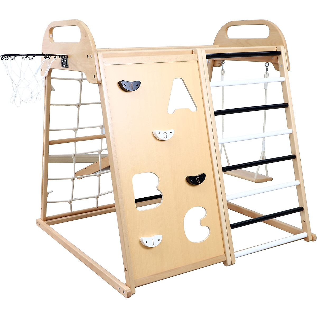 Hopscotch Squad Activity Indoor Kids Playground Jungle Climbing Gym, Toddlers Wooden 9-in-1 Play Set Climber