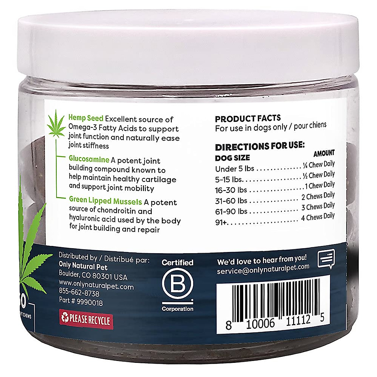Only Natural Pet Hemp Advanced Mobility Support for Dogs Holistic Wellness Hip Bone Joint Health - Inflammatory Function Relieves Pain Stiffness Green Lipped Mussels Turmeric (HA) 60 Count