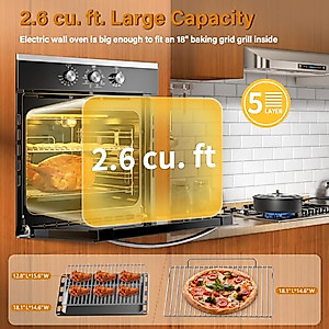 24'Electric Single Wall Oven with 2 Racks 2.6 cu. ft., 8 Functions, Built-in Wall Oven Mechanical Knob, 360°Rotisserie, 220V 3220W True Convection Wall Oven, Safety Lock, Timer, 304 Stainless