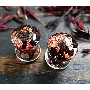 ETERNIADA Black Cornflower Ear gauges Flower Plugs Piercing Body Jewelry Tunnels Pressed Flower and Rose Gold foil Flakes Jewelry Birthday Gifts Resin Plug Earrings (22mm / 7/8" / Pair)