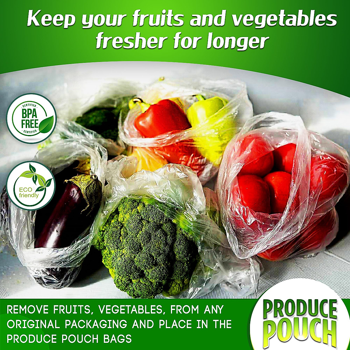 Reusable Vegetable Produce Bags by Produce Pouch – Keeps Fruit, Vegetable, Herbs Fresh Longer, Prevent Food Waste - BPA and Lead-Free Produce Saver Storage Green Bag - Set Of 30 w/Twist-Ties