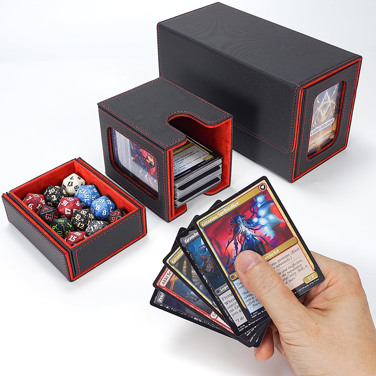 AFIING Mtg deck box with commander display- Fits 200 Double Sleeved Cards,3-in-1Card Deck Case,Strong Magnet Card Organizer For Magic Commander TCG CCG,4Dividers &2 Toploaders, Black/Red