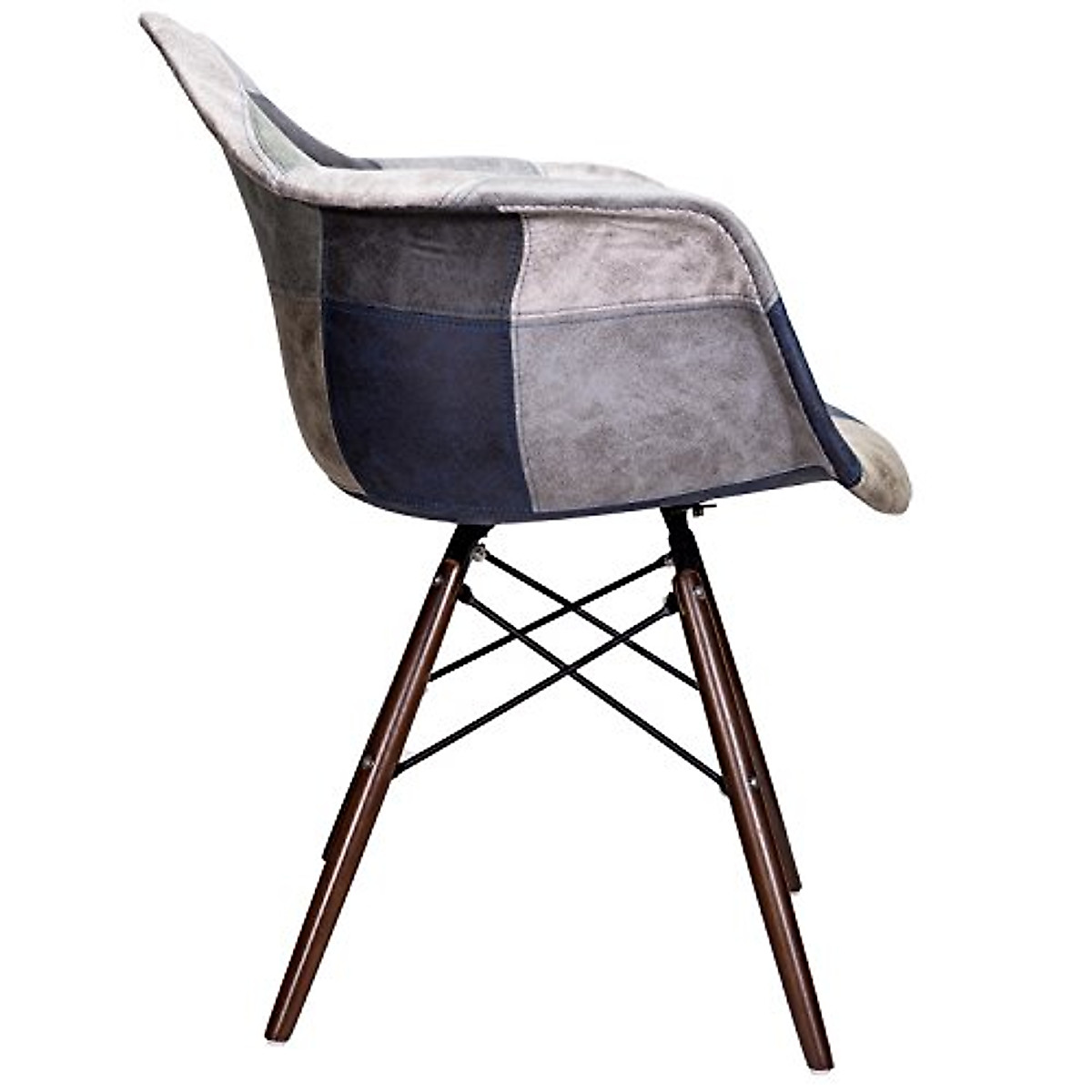 CozyBlock Mooku Blue & Gray Patchwork Leatherette Fabric Upholstered DAW Dining Accent Arm Chair with Dark Walnut Leg