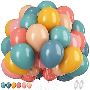 Boho Rainbow Balloons, 60Pcs Dusty Blue Blush Pink Balloons, 12 Inch Retro Mustard Yellow Slate Blue Balloons Assorted Colorful Balloons for Here Comes the Son Baby Shower Boho Safari Groovy Birthday