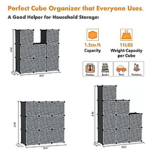 C&AHOME Cube Storage Organizer with Doors, 9-Cube Shelves, Closet Cabinet, DIY Plastic Modular Bookshelf, Storage Shelving Ideal for Bedroom, Living Room, 36.6”L x 12.4”W x 36.6”H Black USHS3009B-DOOR