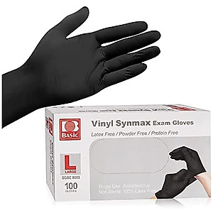 Basic Disposable Medical Synmax Vinyl Exam Gloves- 4 mil Safty Glove 1000pcs - Latex-Free & Powder-Free - SGBE 8003, Large (Case of 1000, Black)