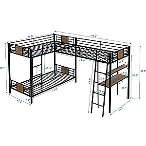 MOEO L-Shaped Twin Over Twin Metal Bunk Bed with Twin Size Loft Bedframe w/Desk and Shelf for 3 Kids, Adults, Bedroom, Bunkbed Attached, No Box Spring Need, Black