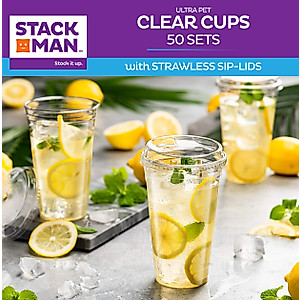 24 oz Clear Plastic Cups with Strawless Sip-Lids [50 Sets] PET Crystal Clear Disposable 16oz Plastic Cups with Lids - Crystal Clear, Durable Cup - BPA Free + Crack Resistant, for Coffee, Juice, Shakes