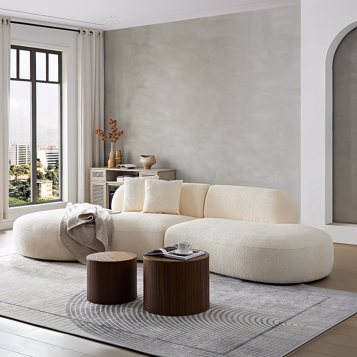 YOPENG 135.4" Curved Modular Sectional Sofa,Modern Boucle Fluffy Cloud Couch with Chaise,Oversized 6 Seater Extra Deep Comfy Upholstered Couches for Living Room,Apartment,2 Pillows,Left Facing,Beige