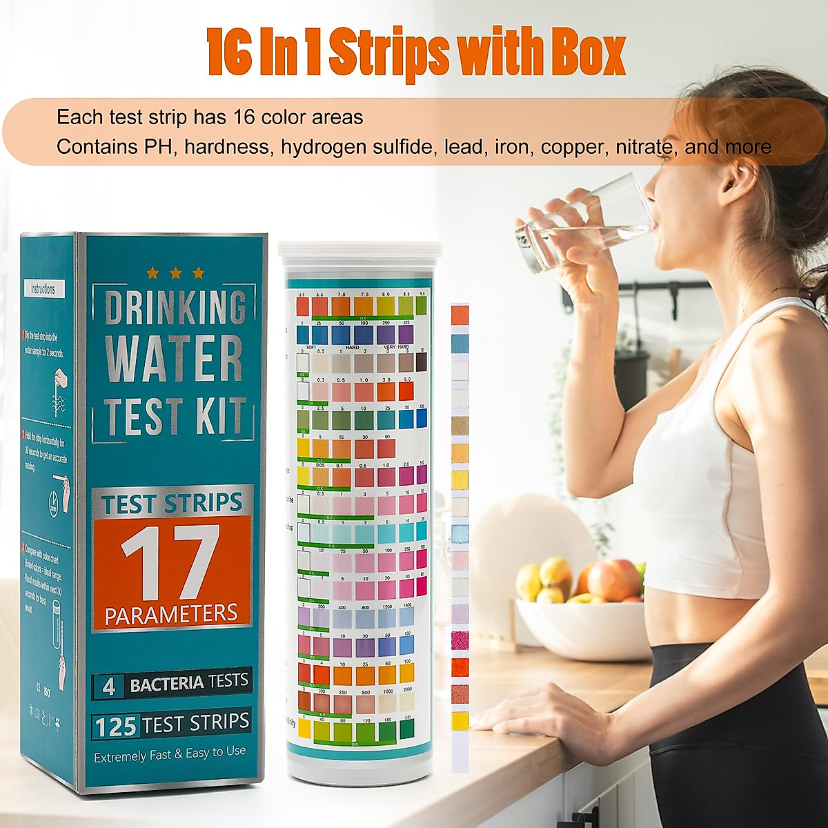 125+8P Drinking Water Testing Kit for Home, Anglekai Water Testing Kit with 125P Testing Strips/ 4P Bacteria Tests/Tube/Dropper/Timer/Instruction, Well Water Test Kit for Home Water Quality Test