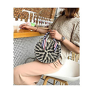 QTKJ Women Straw Summer Beach Tote Bag Hand-woven Round Rattan Bag Cross Body Bag Shoulder Messenger Satchel (Black&Beige)