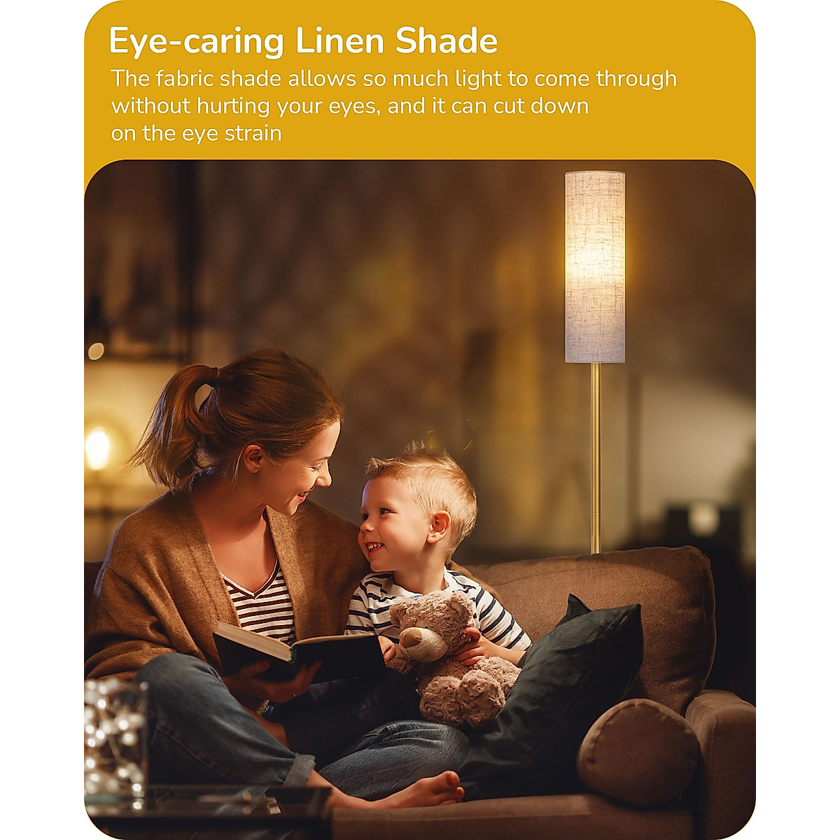 EDISHINE LED Corner Floor Lamp for Living Room, 65" Tall Standing Reading Lamp with Remote, Minimalist Dimmable Pole Lighting for Bedroom, Office, Kids Room, 9W Bulb Included, 2700K-6000K (Gold)