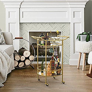 Round Gold Rolling Bar Cart with 2 Mirror Shelves, Wine Rack and Lockable Casters, Suitable for Home Kitchen, Club, Living Room, Thanksgiving, Christmas, New Year, 22"X18"X33"