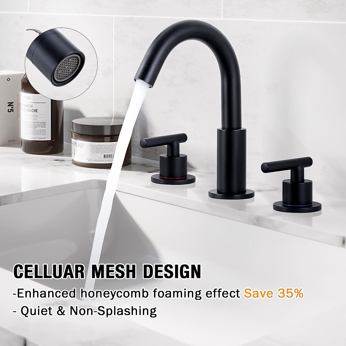 Qomolangma Black Bathroom Faucets for Sink 3 Hole, 8 inch Widespread Bathroom Faucet, 2-Handle Bathroom Sink Faucet, 360° Swivel Spout Lavatory Sink Faucet with Water Supply Lines & Pop Up Drain