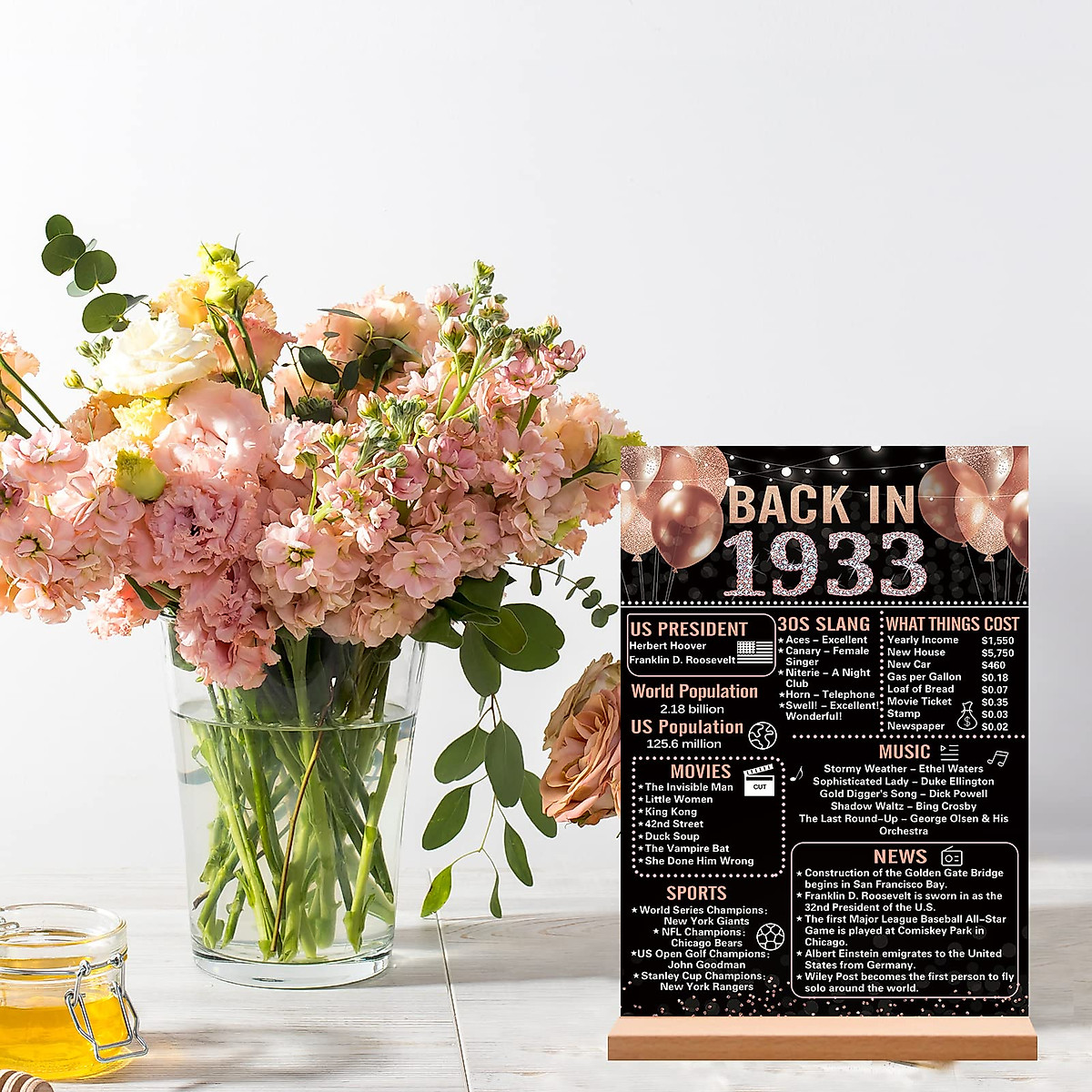 Trgowaul 90th Birthday Decorations Set: Includes Rose Gold Birthday Backdrop Banner 5.9 X 3.6 Fts, Rose Gold Back in 1933 Birthday Poster Acrylic Table Sign with Stand
